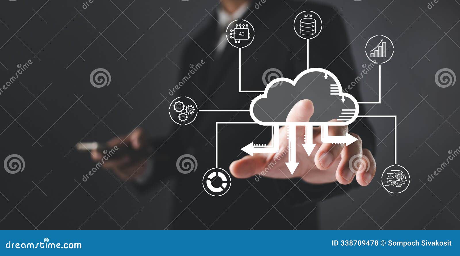 Man Touch Cloud Computing Diagram Show on Hand. Data Storage.Cloud Technology Stock Photo ...