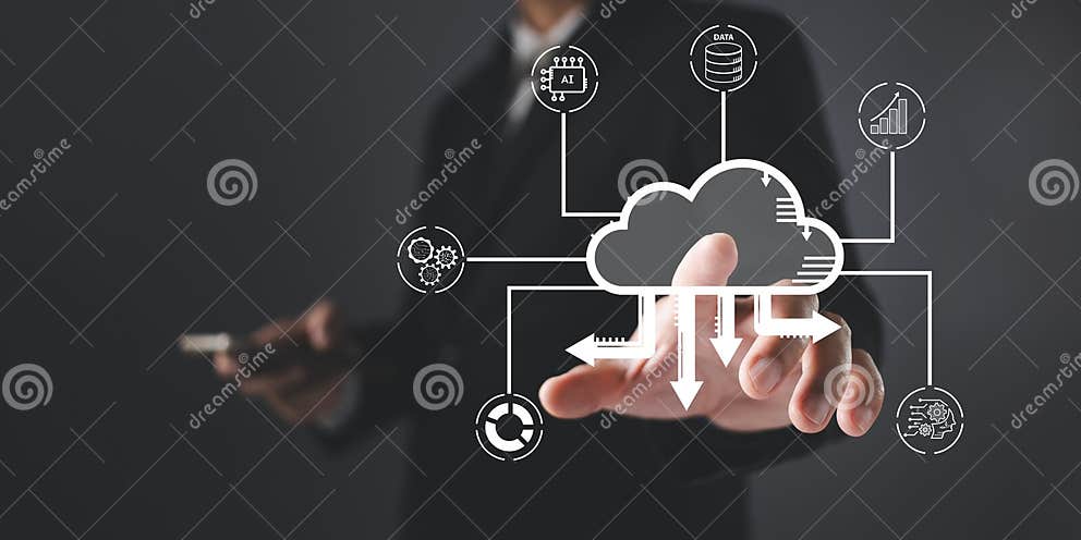 Man Touch Cloud Computing Diagram Show on Hand. Data Storage.Cloud ...