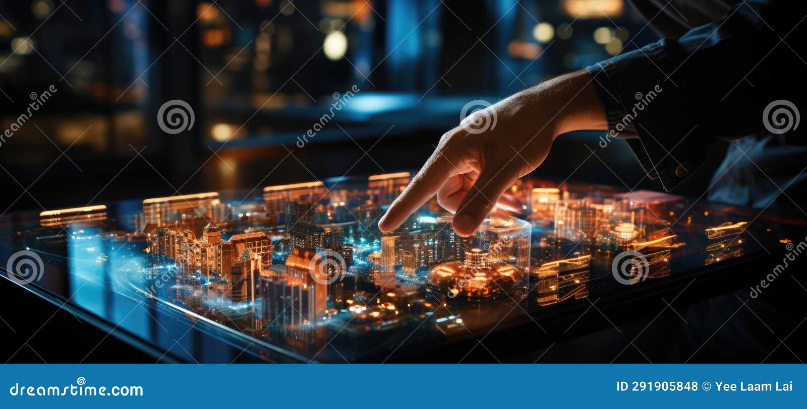 Man Touch Futuristic Tablet Interface City, Ai Stock Photo - Image of ...
