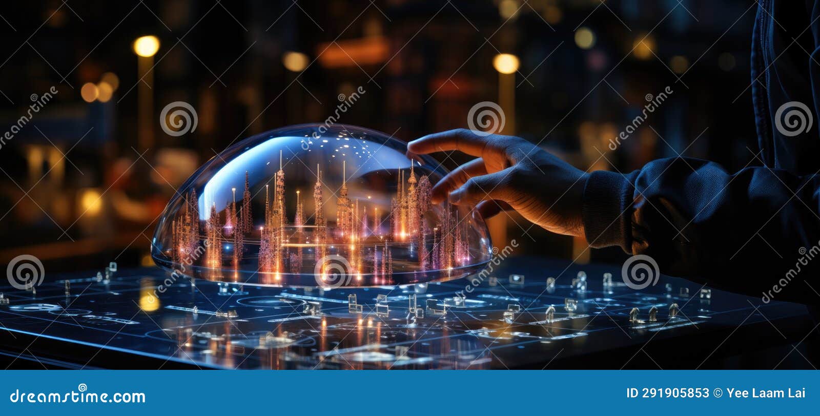 Man Touch Futuristic Tablet Interface City, Ai Stock Image - Image of ...