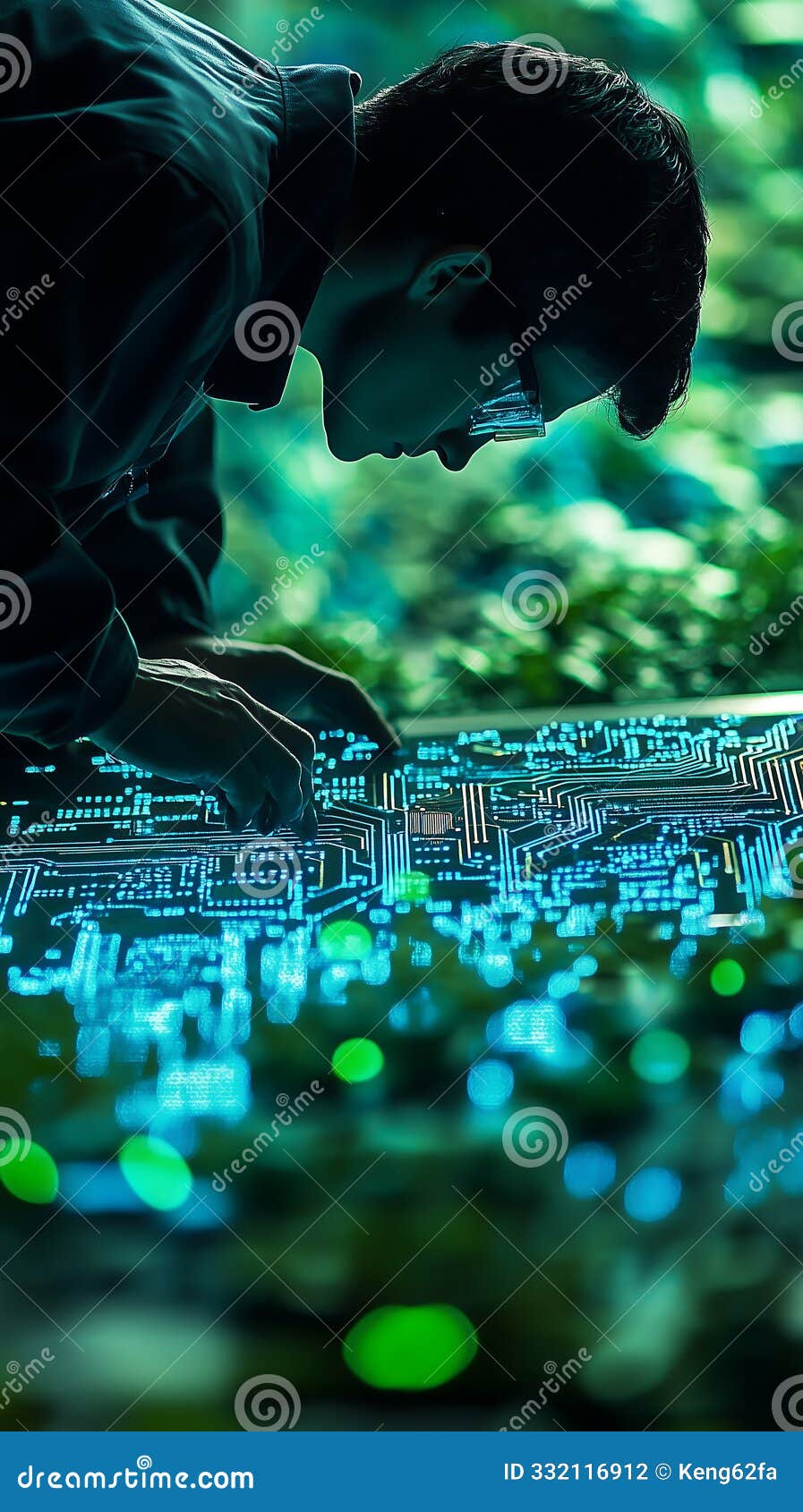 A Man Touches a Glowing, Digital Network Interface, Blending Technology ...