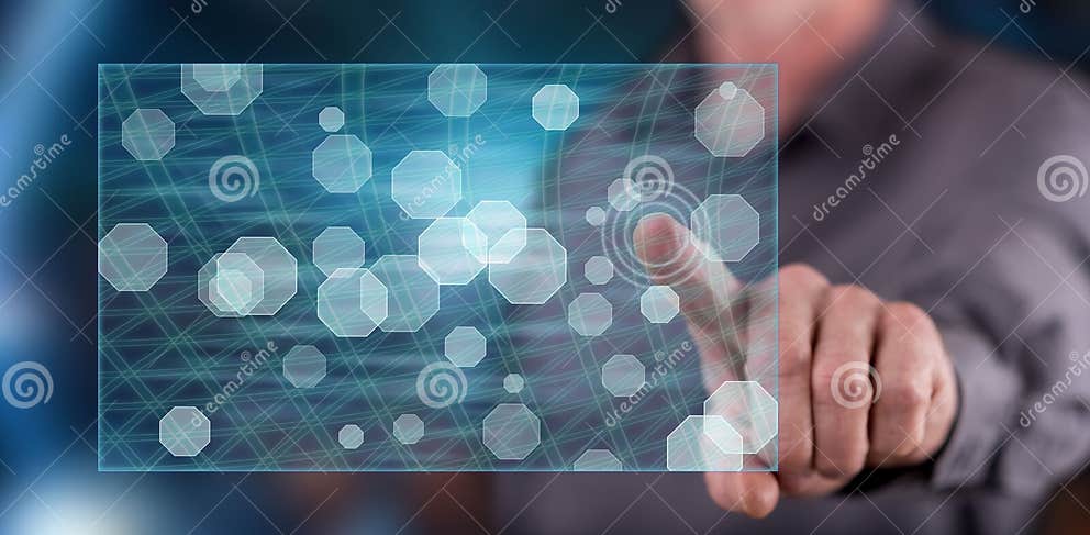 Man Touching an Abstract Network Concept on a Touch Screen Stock Image ...