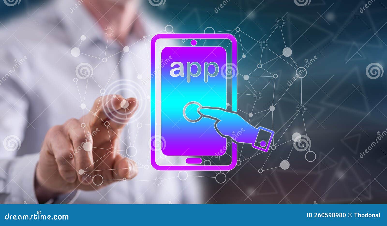 Man Touching an App Concept Stock Photo - Image of phone, social: 260598980