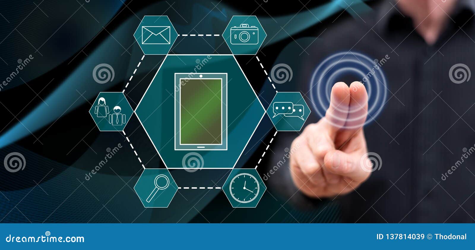 Man Touching an Apps Concept Stock Image - Image of mobile, media ...