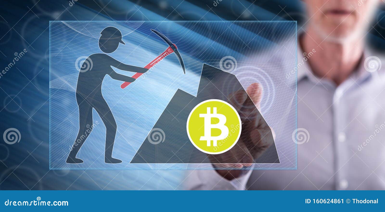 Man Touching a Bitcoin Mining Concept Stock Image - Image of finance ...