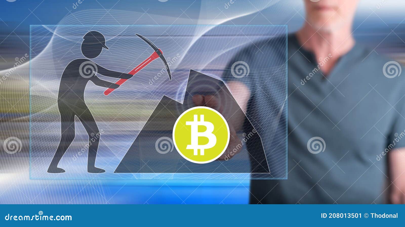 Man Touching a Bitcoin Mining Concept Stock Image - Image of screen ...