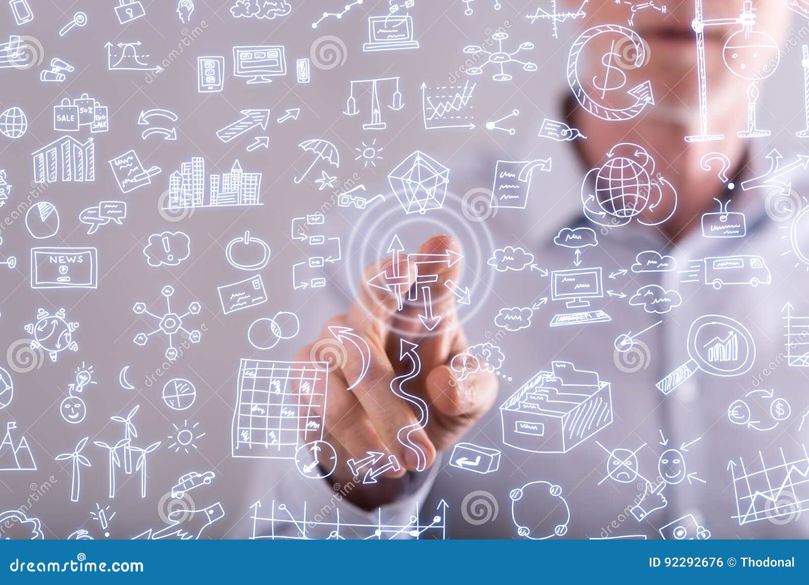 Man Touching Business Doodles on a Touch Screen Stock Illustration ...