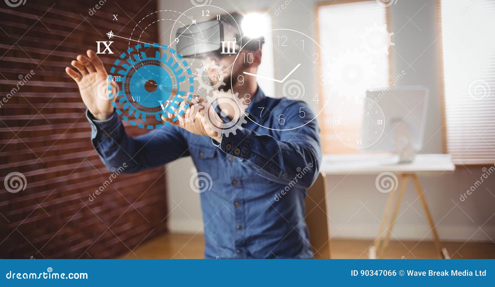 Man Touching Clock and Gears Seen through VR Glasses Stock Illustration ...