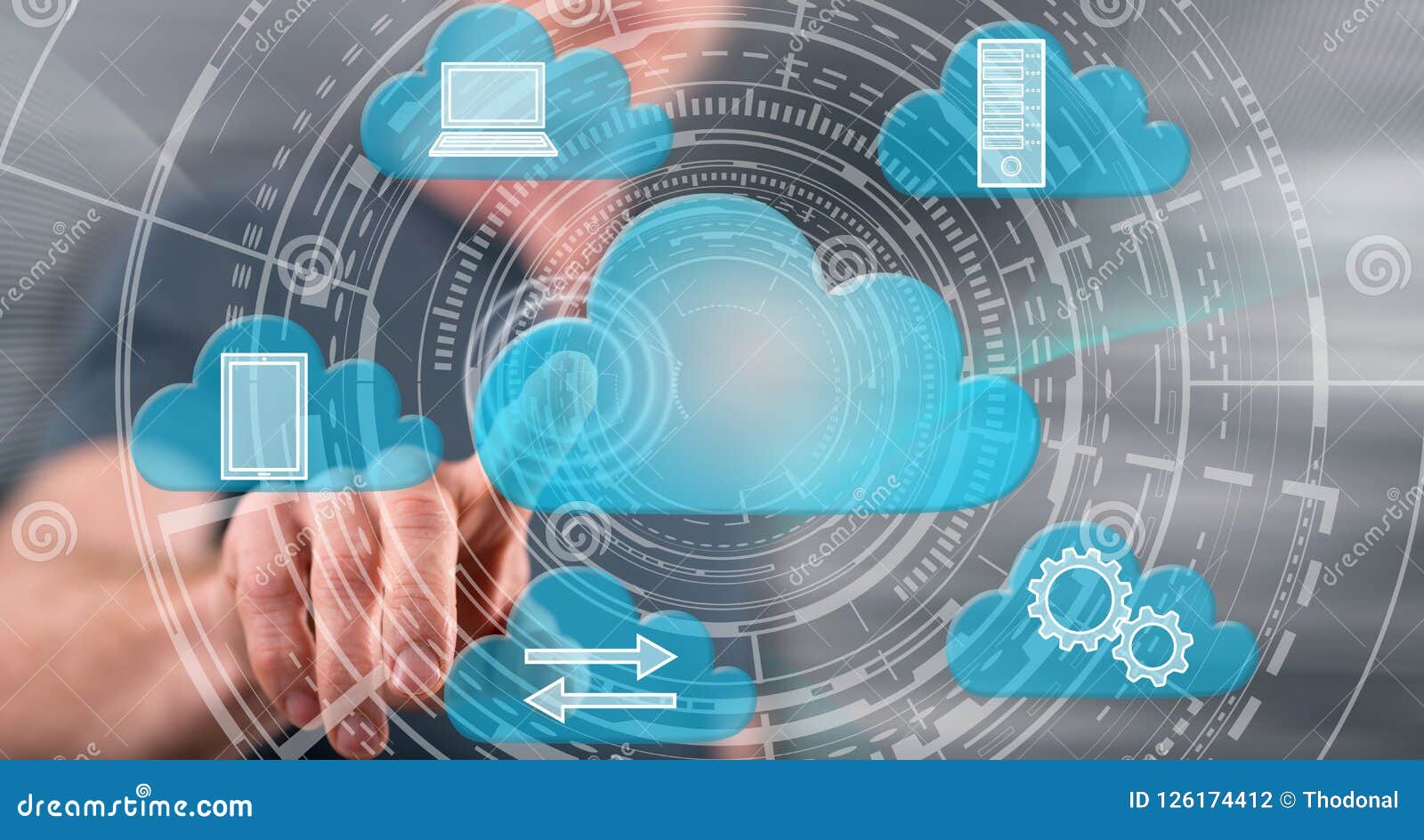 Man Touching a Cloud Computing Concept Stock Illustration ...