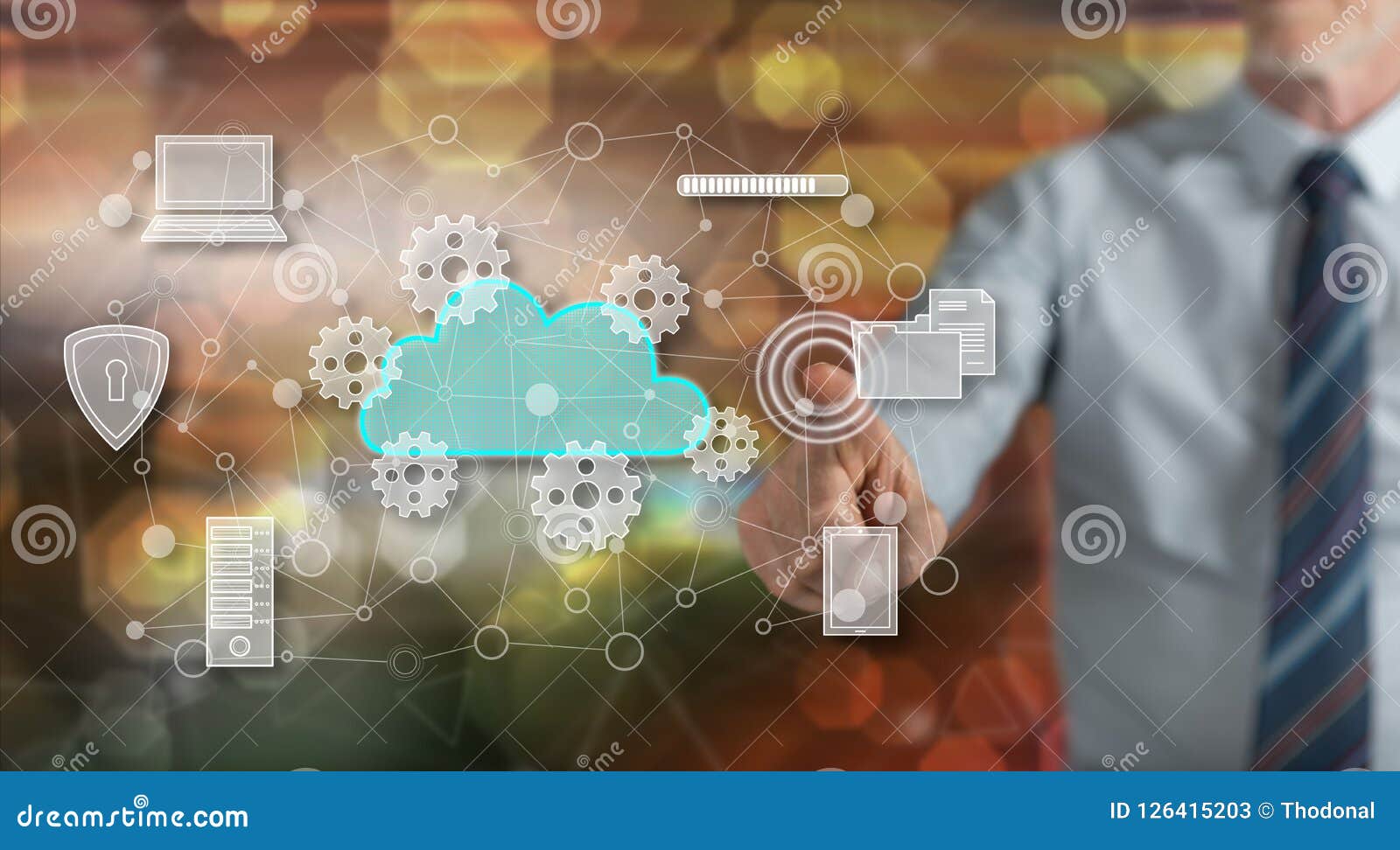 Man Touching a Cloud Computing Concept Stock Image - Image of touch ...