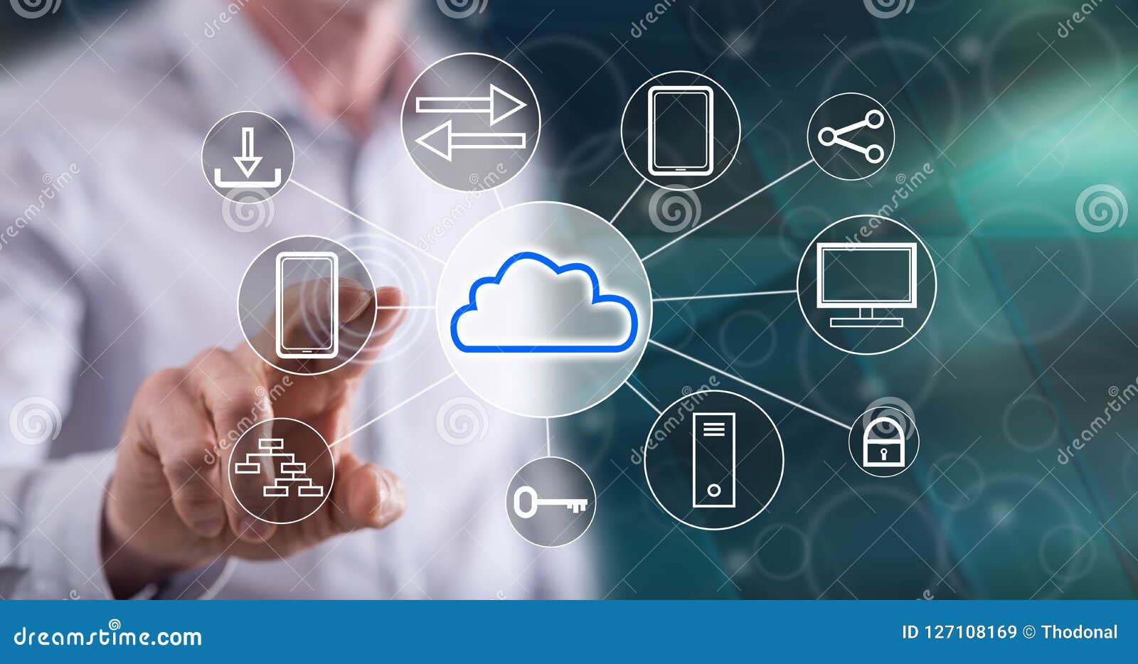 Man Touching a Cloud Computing Concept Stock Image - Image of touch ...