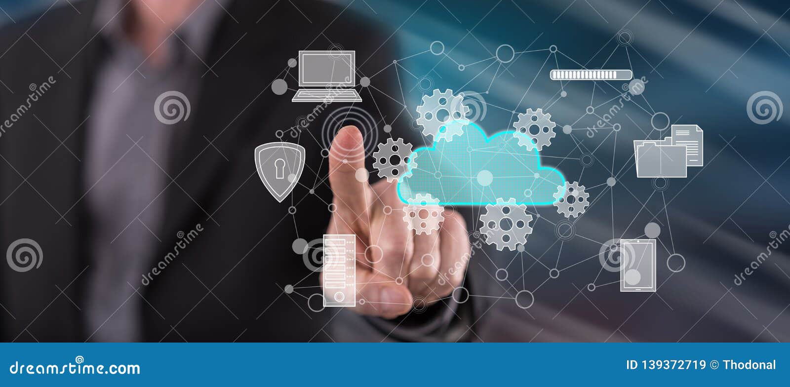 Man Touching a Cloud Computing Concept Stock Image - Image of security ...
