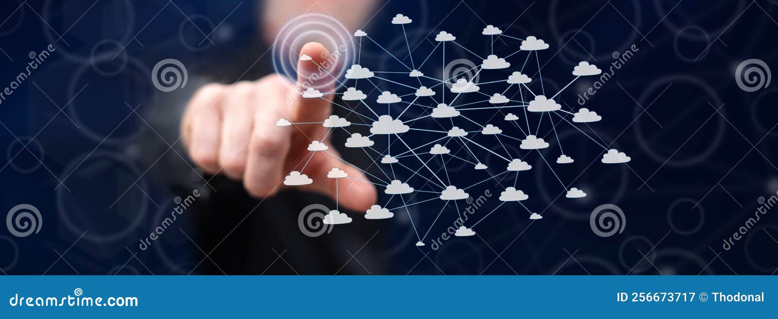 Man Touching a Cloud Network Concept Stock Image - Image of touch ...