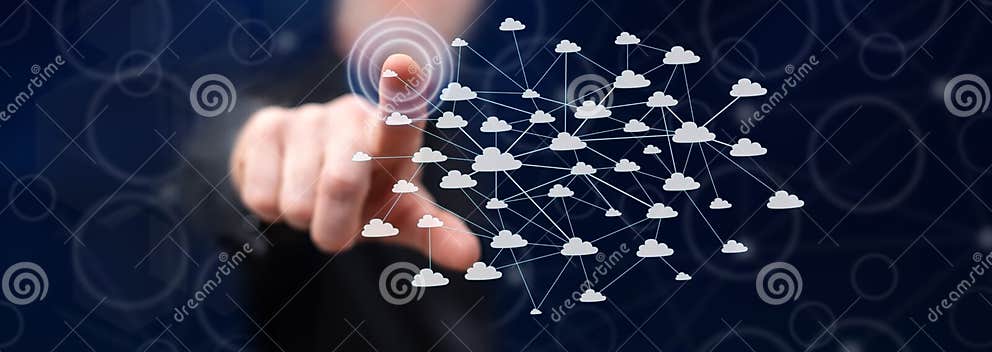 Man Touching a Cloud Network Concept Stock Image - Image of touch ...