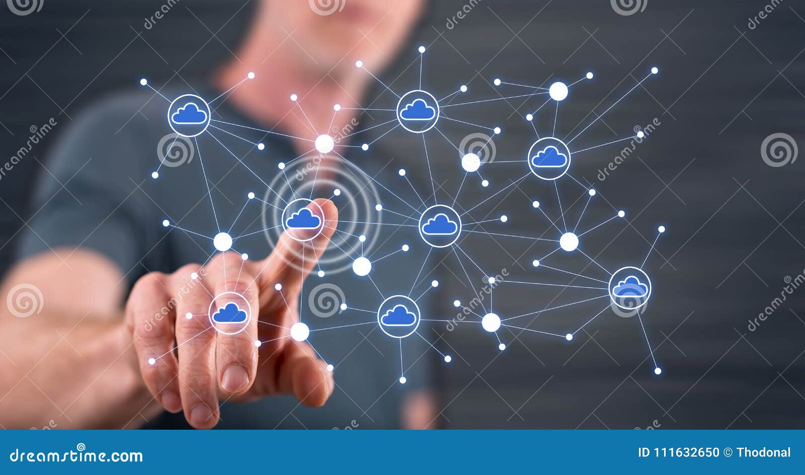 Man Touching a Cloud Networking on a Touch Screen Stock Photo - Image ...