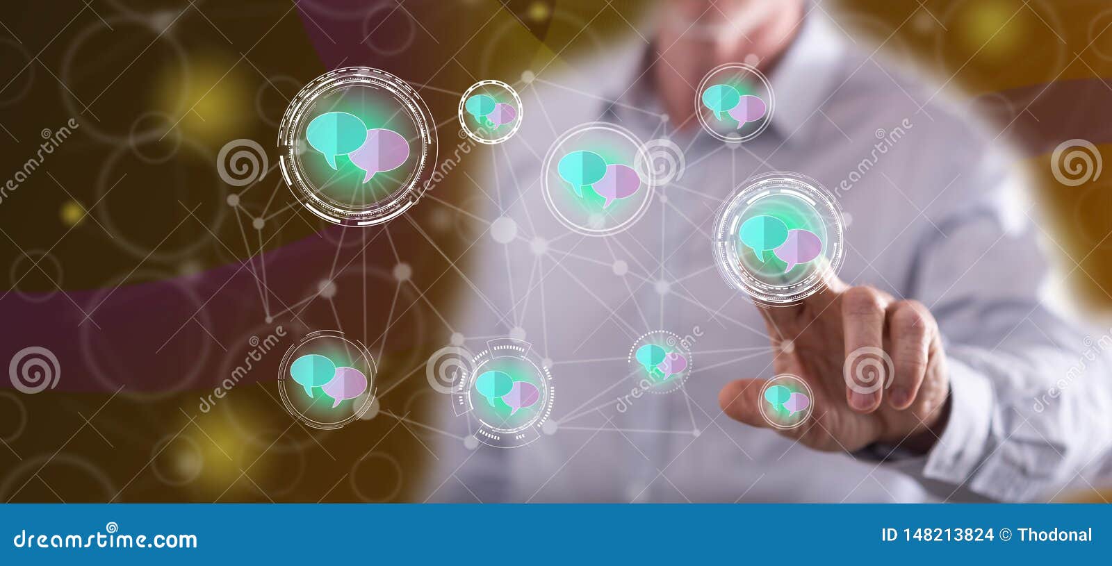 Man Touching a Communication Network Concept Stock Photo - Image of ...