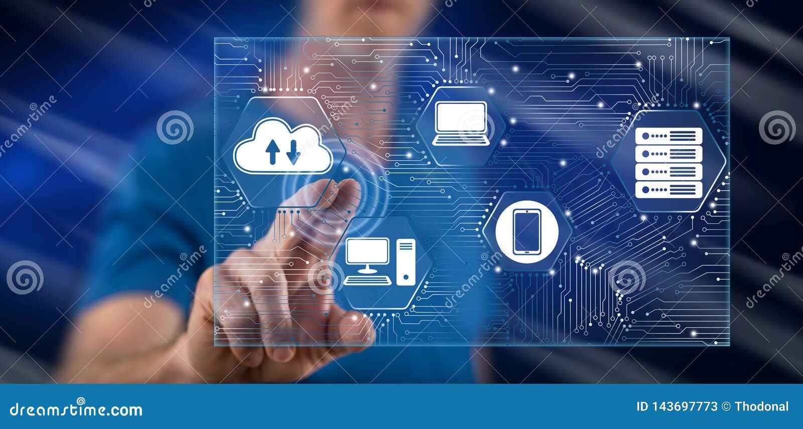 Man Touching a Computer Network Concept Stock Illustration ...