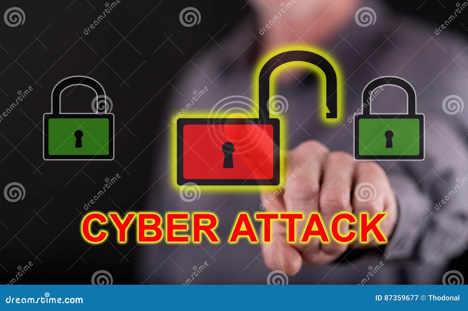 Man Touching a Cyber Attack Concept on a Touch Screen Stock Image ...