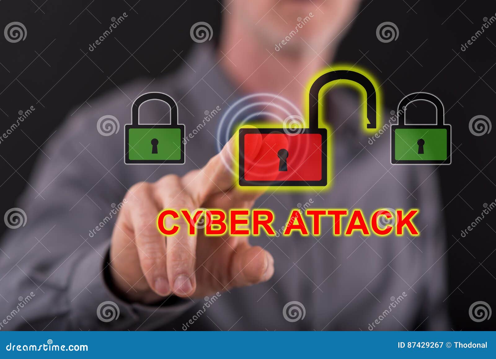 Man Touching a Cyber Attack Concept on a Touch Screen Stock Image ...
