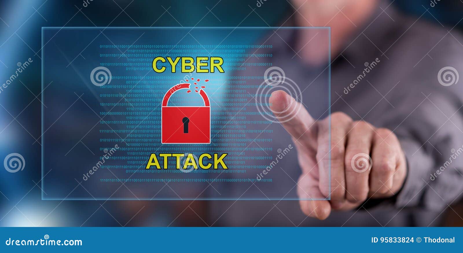 Man Touching a Cyber Attack Concept on a Touch Screen Stock Photo ...