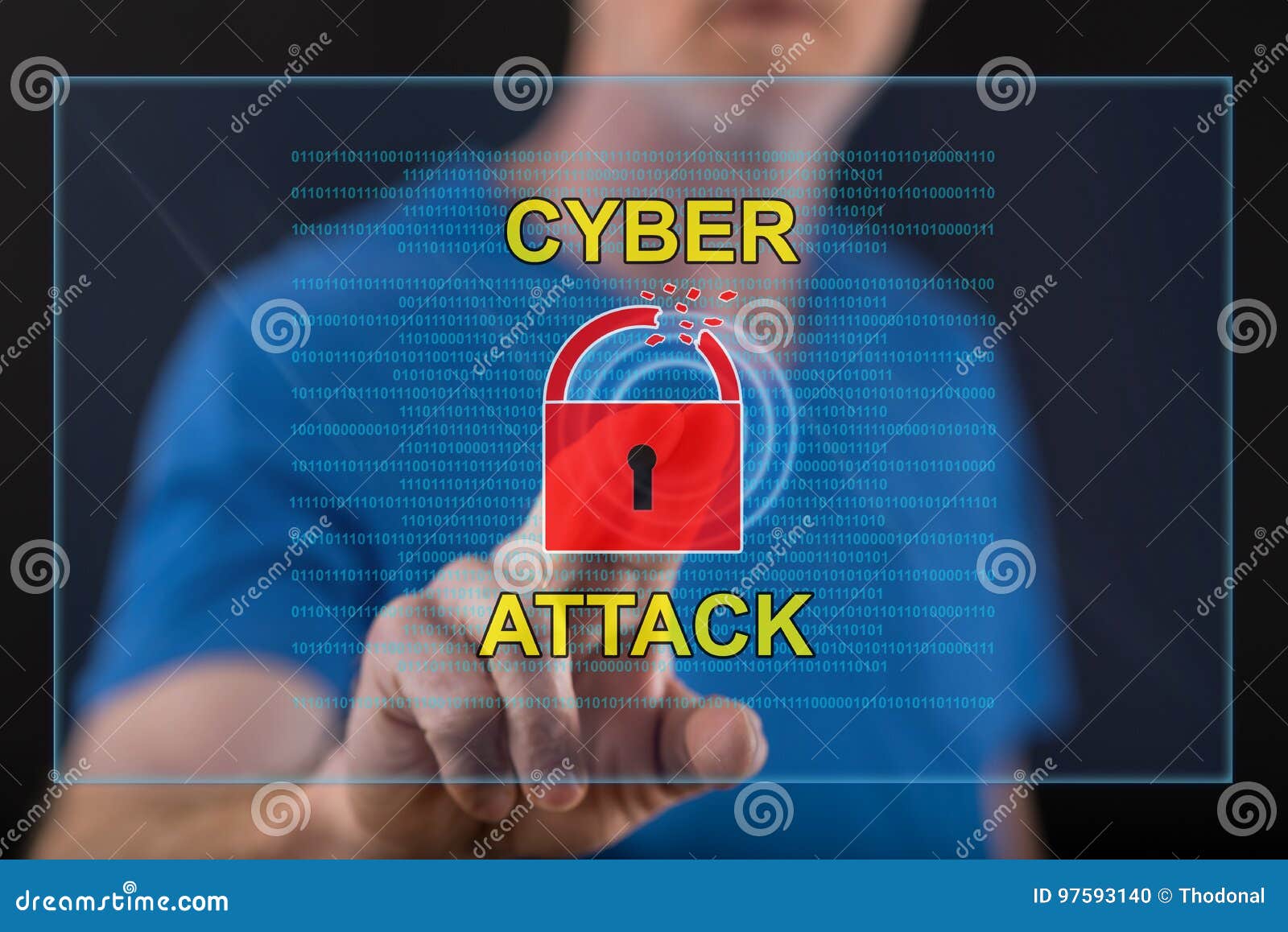 Man Touching a Cyber Attack Concept on a Touch Screen Stock Photo ...