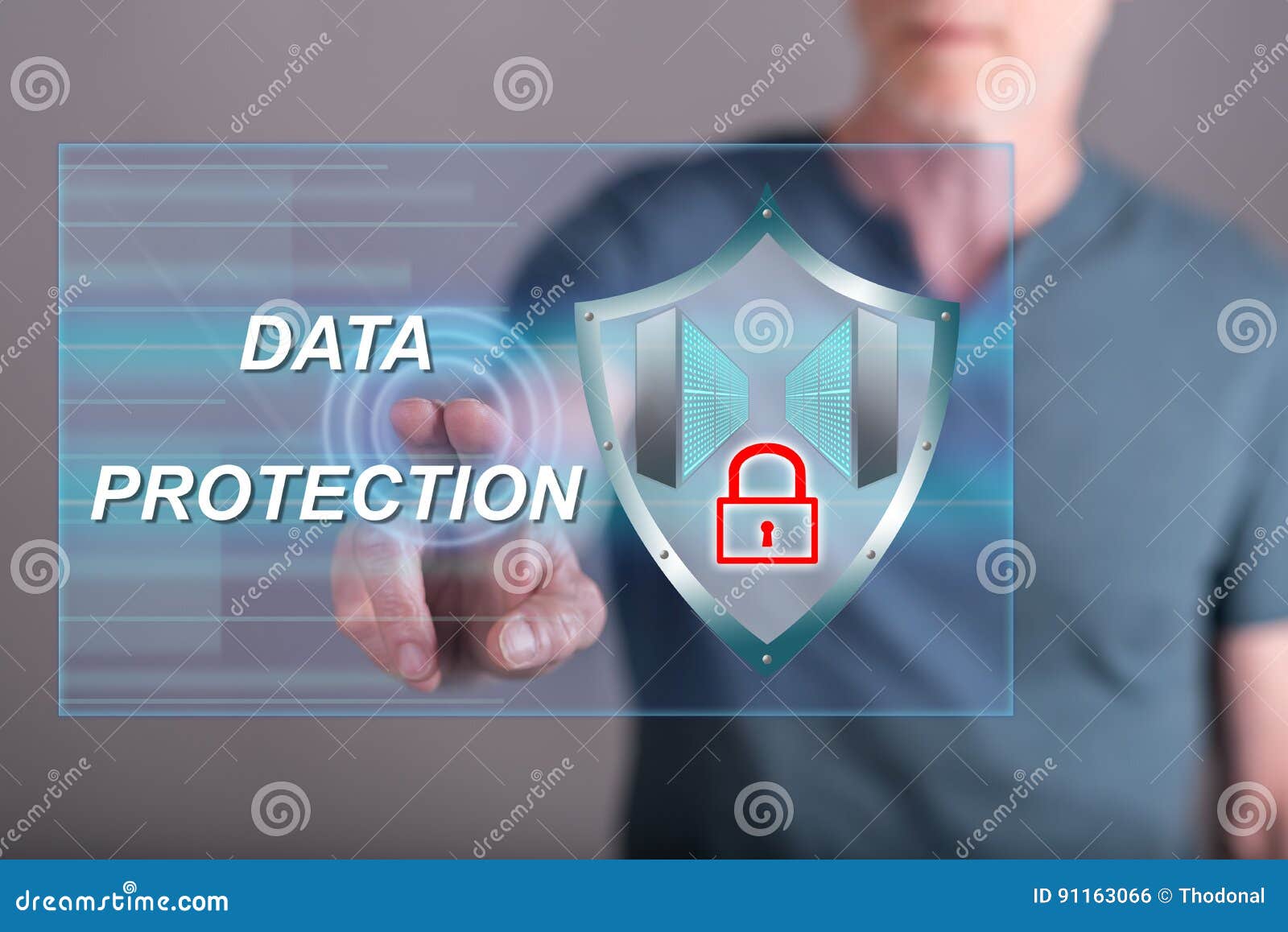 Man Touching a Data Protection Concept on a Touch Screen Stock Photo ...