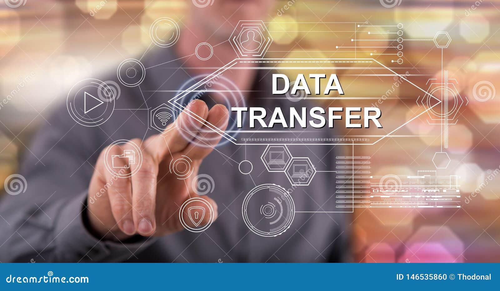 Man Touching a Data Transfer Concept Stock Illustration - Illustration ...