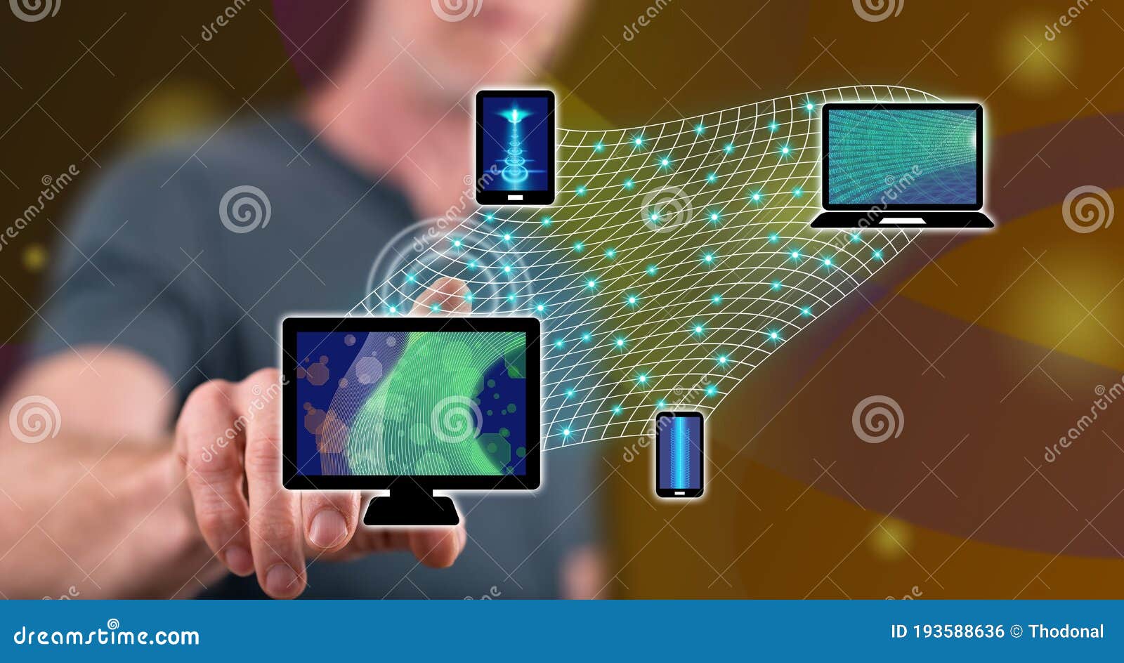 Man Touching a Device Connection Concept Stock Photo - Image of network ...