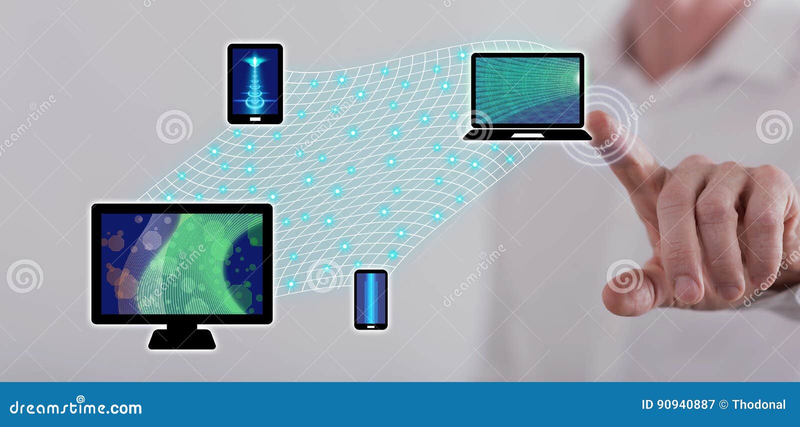Man Touching a Device Connection Concept on a Touch Screen Stock ...