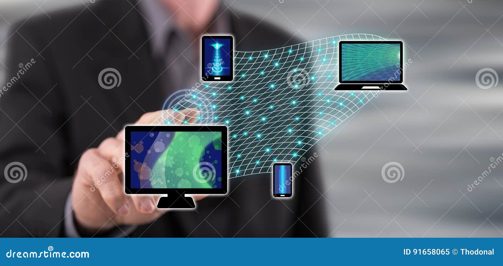 Man Touching a Device Connection Concept on a Touch Screen Stock Image ...