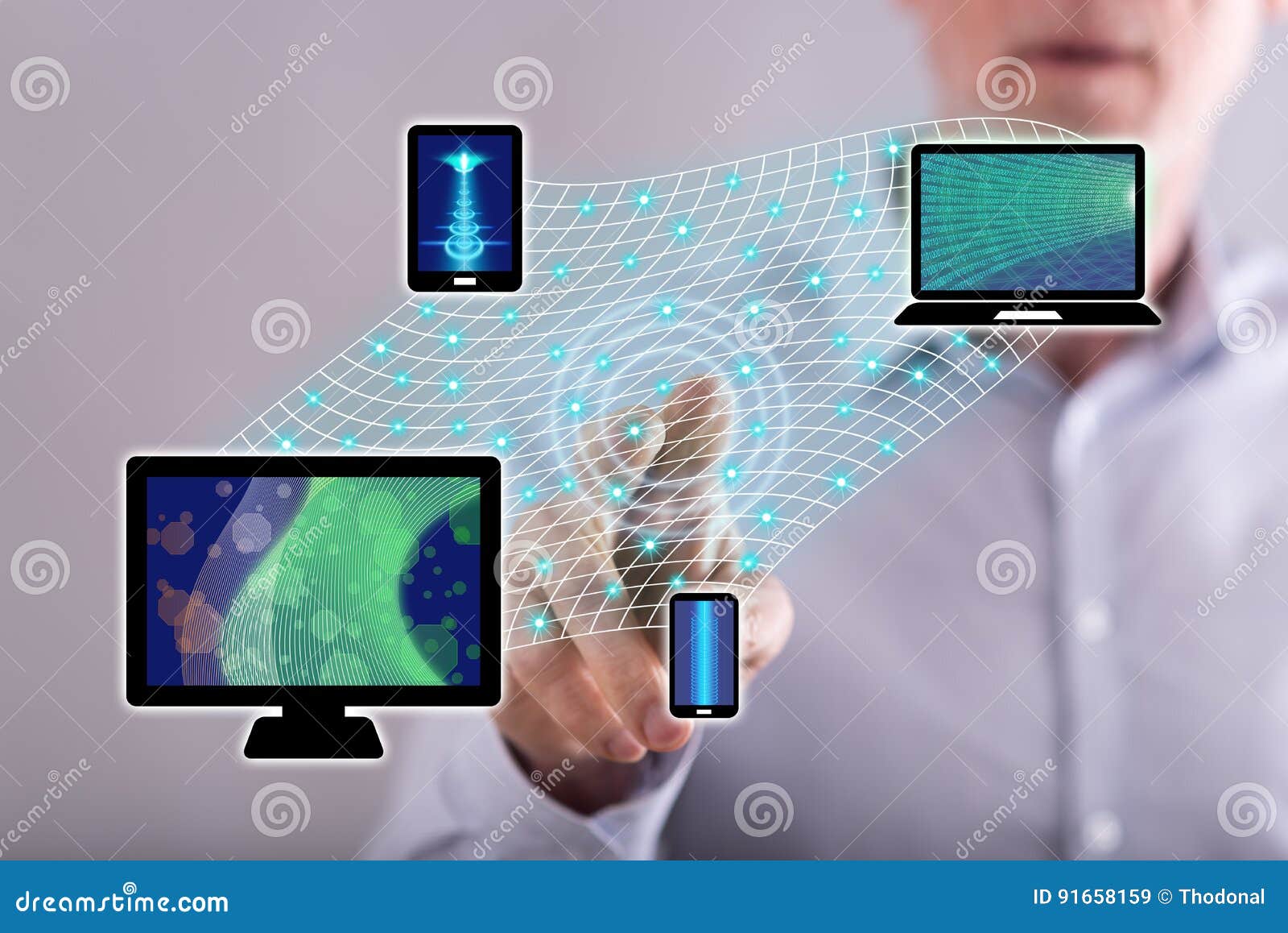 Man Touching a Device Connection Concept on a Touch Screen Stock Image ...