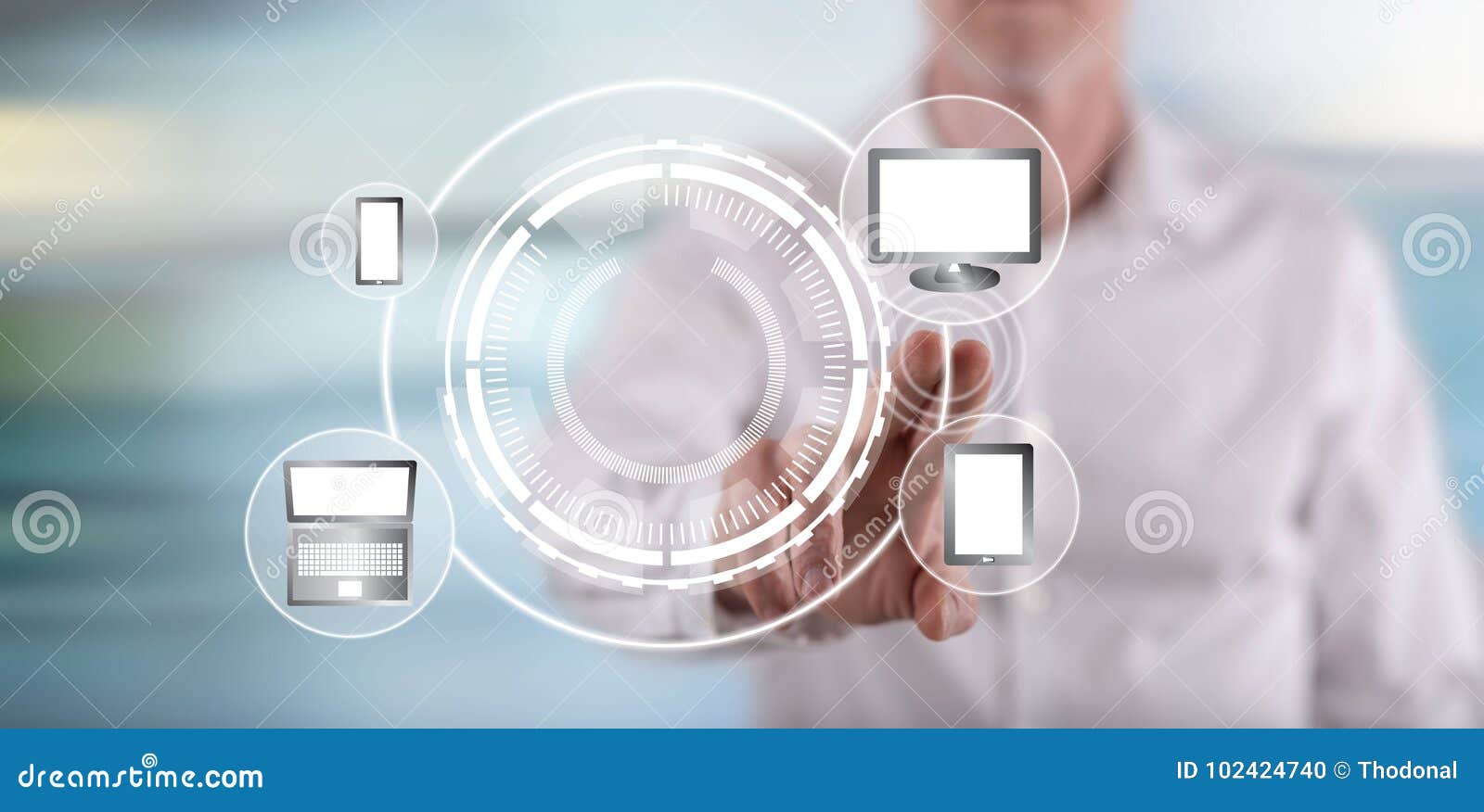 Man Touching a Device Connection Concept on a Touch Screen Stock Photo ...