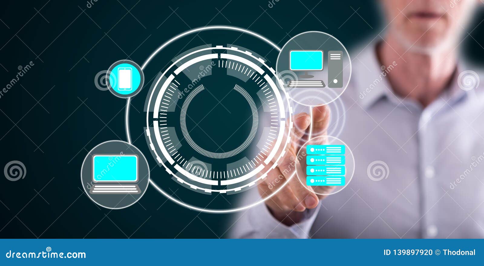 Man Touching Devices Connection Concept Stock Illustration ...