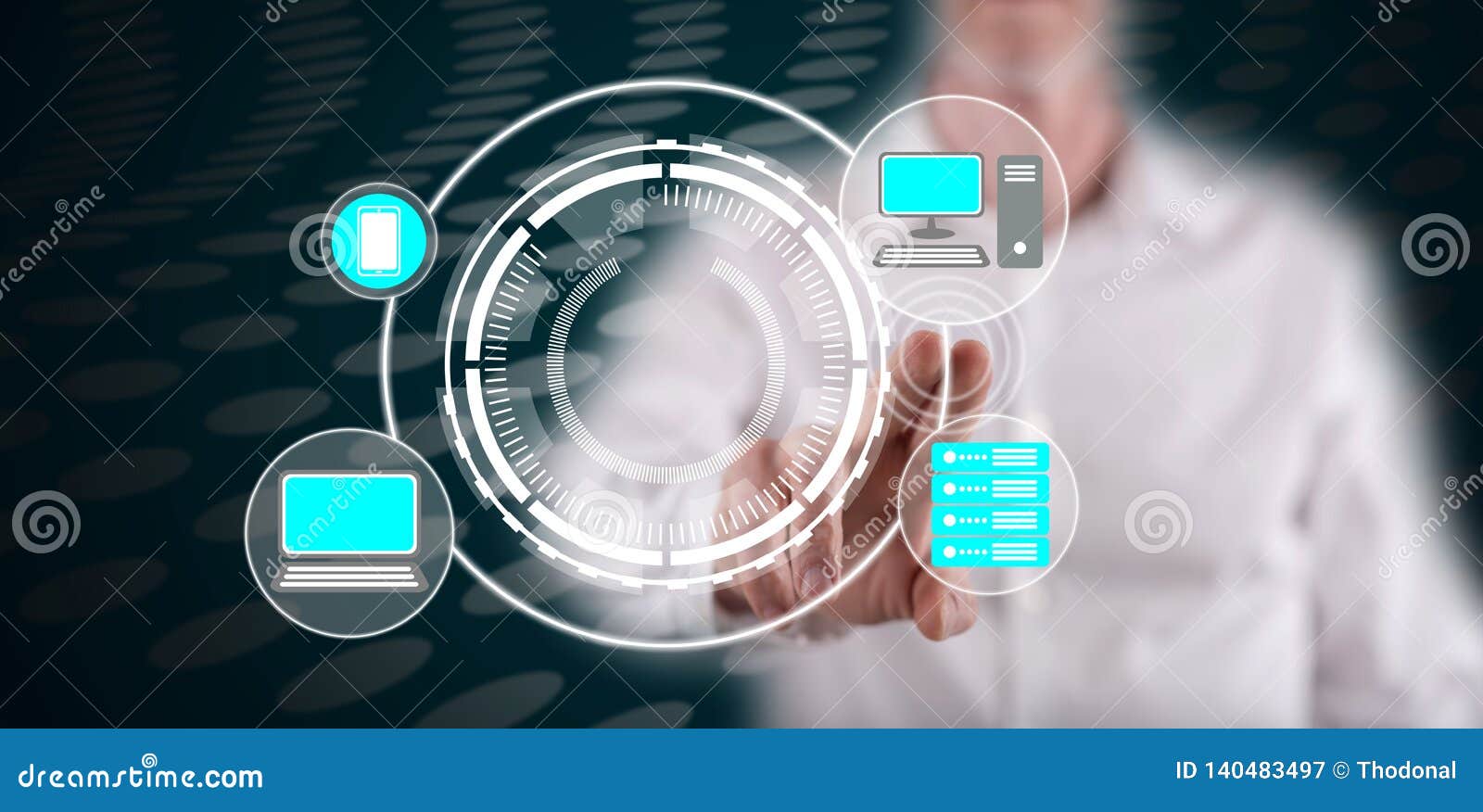 Man Touching Devices Connection Concept Stock Illustration ...