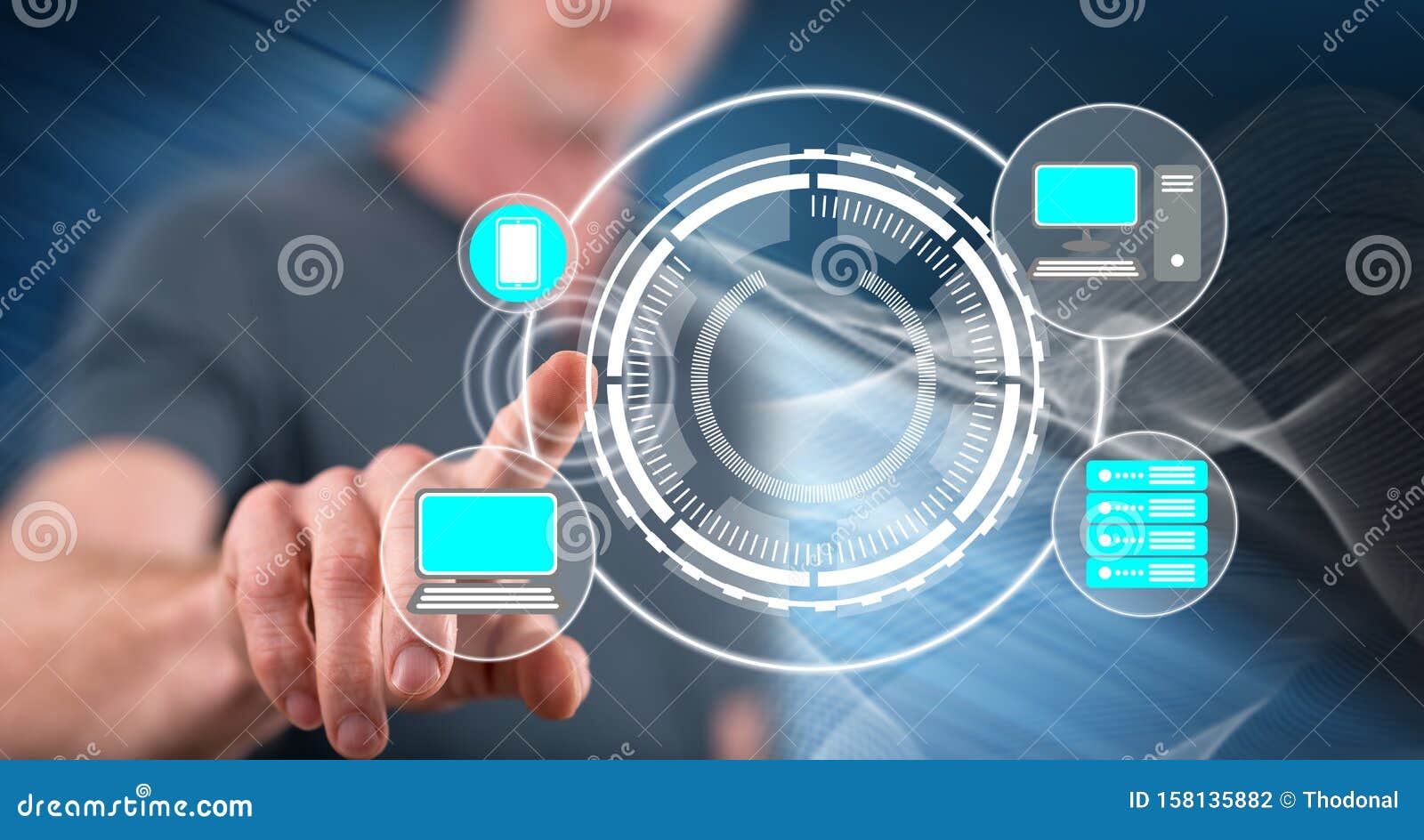 Man Touching a Devices Connection Concept Stock Photo - Image of screen ...