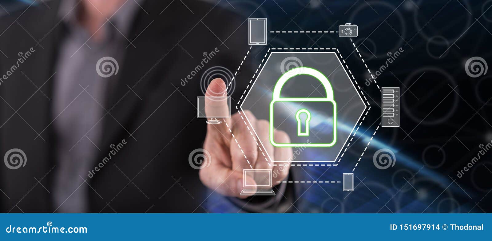 Man Touching a Devices Security Concept Stock Photo - Image of devices ...