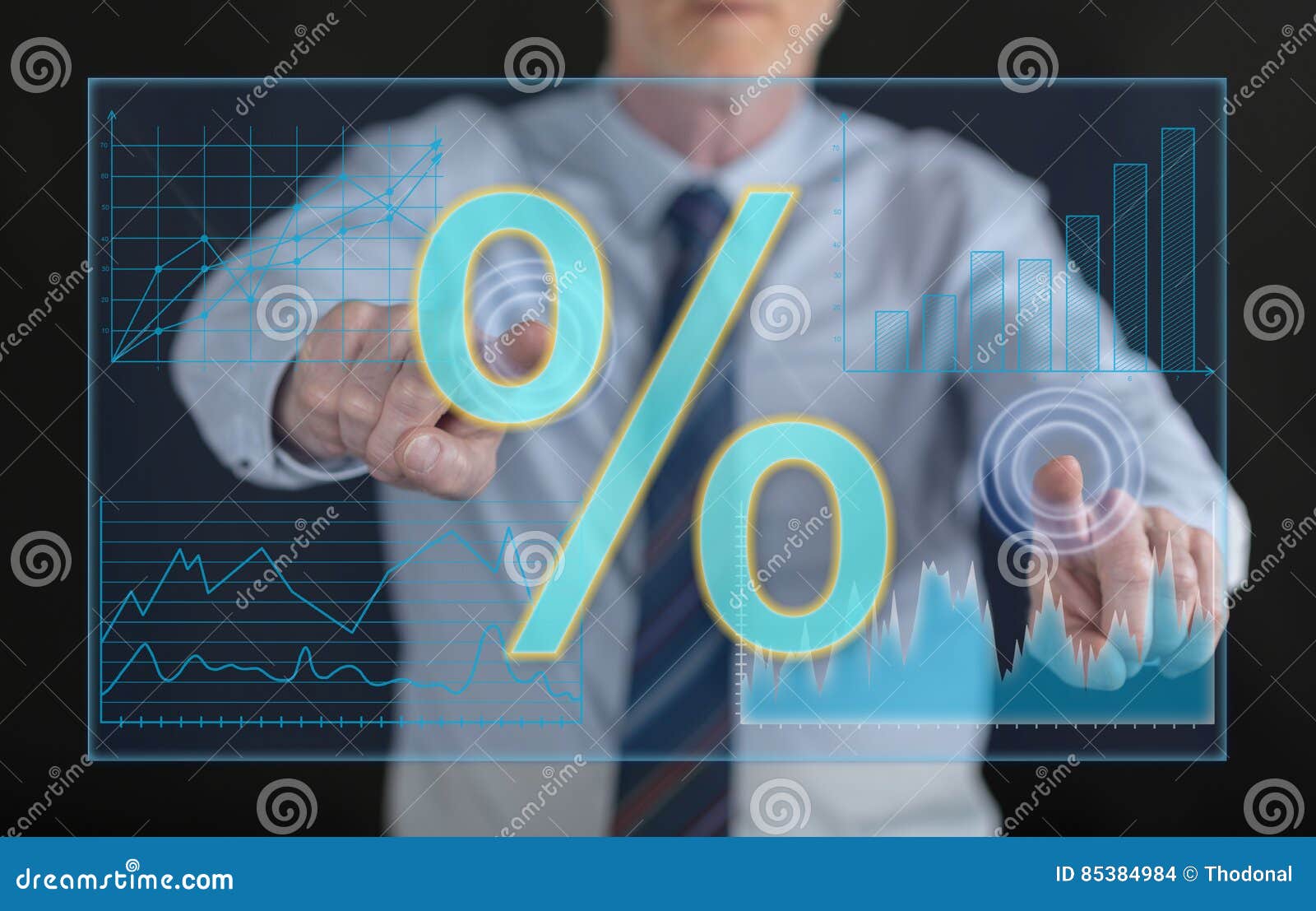 Man Touching a Digital Interest Rates Datas on a Touch Screen Stock ...
