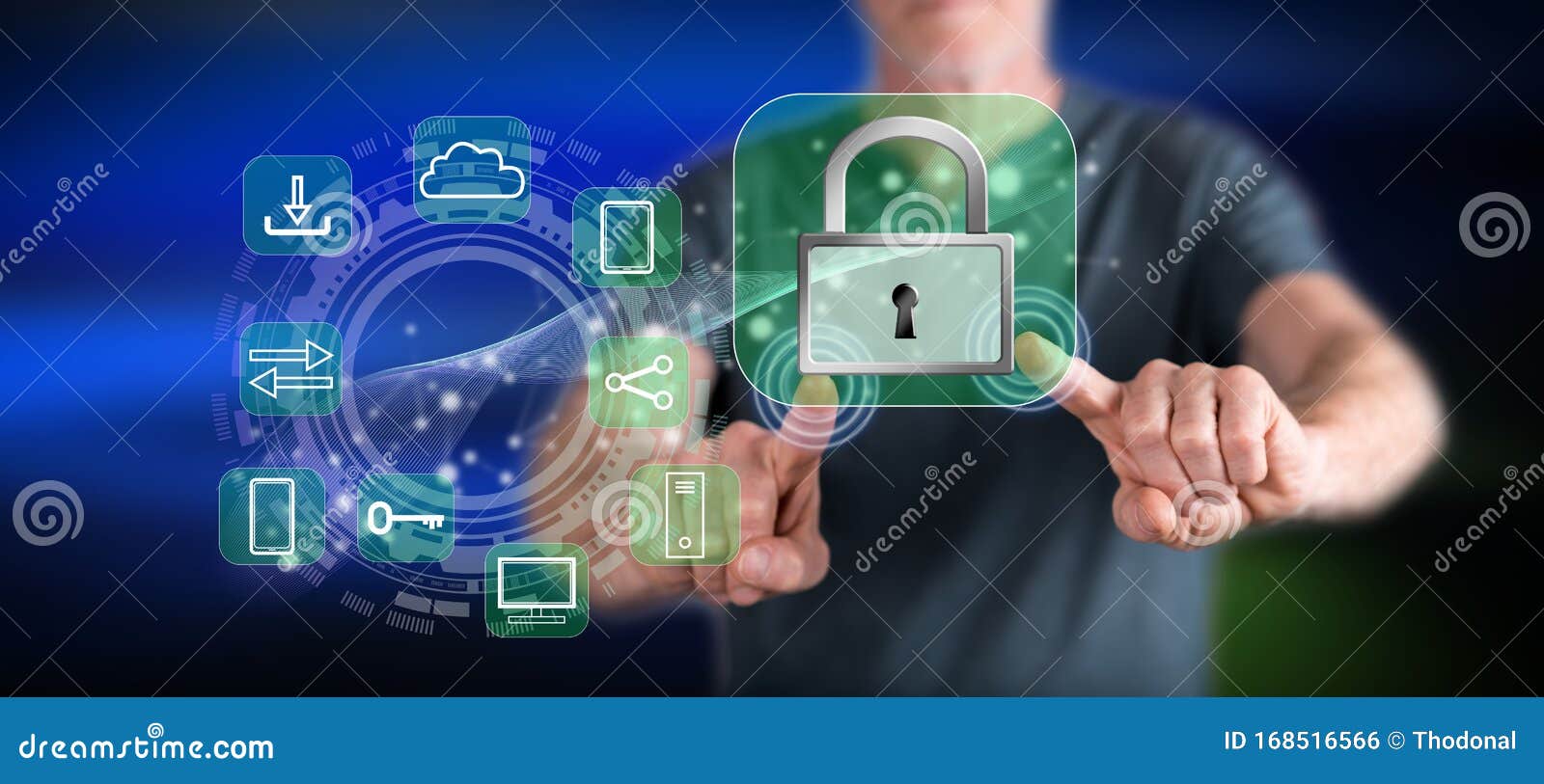 Man Touching a Digital Security Concept Stock Photo - Image of protect ...