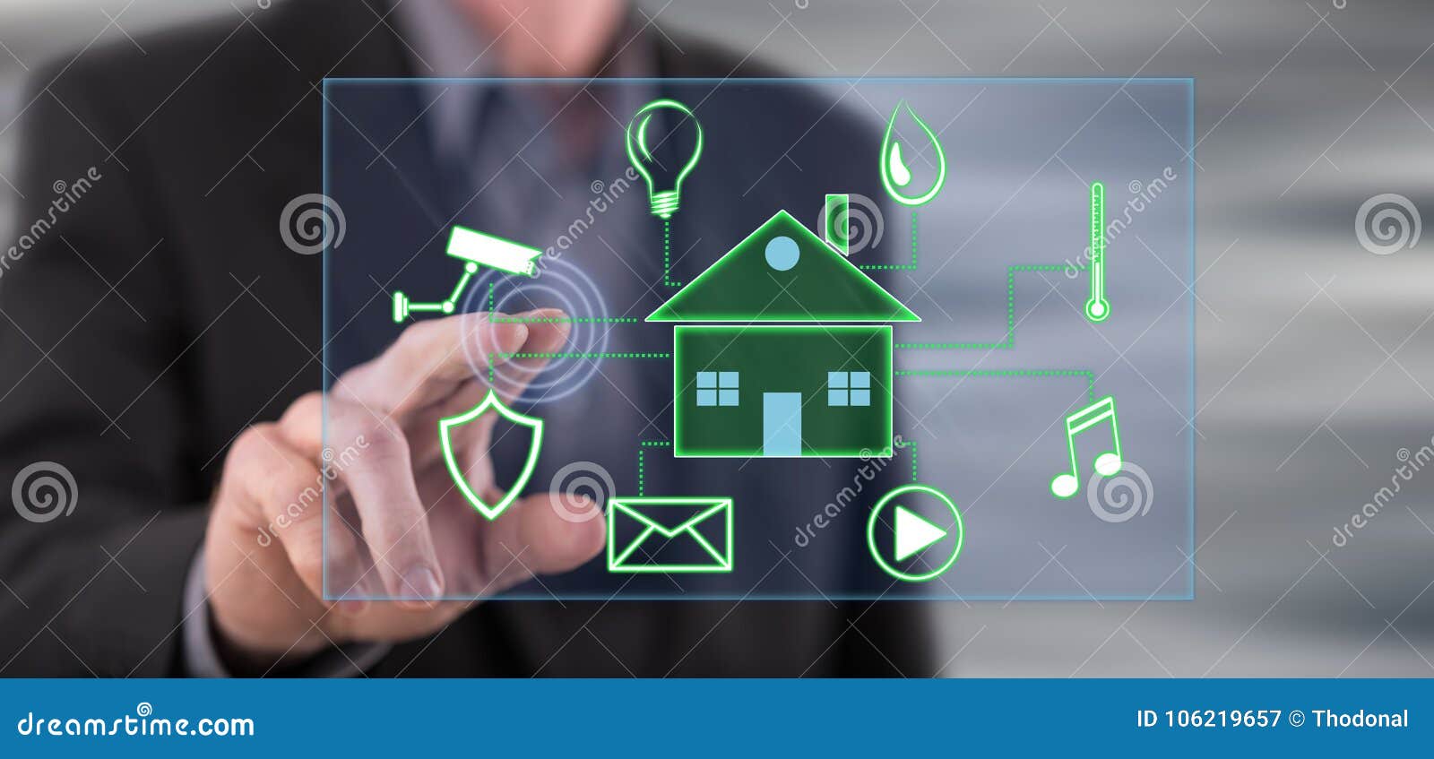 Man Touching a Digital Smart Home Automation Concept on a Touch Screen ... Man Touching a Digital Smart Home Automation Concept on a Touch Screen ...