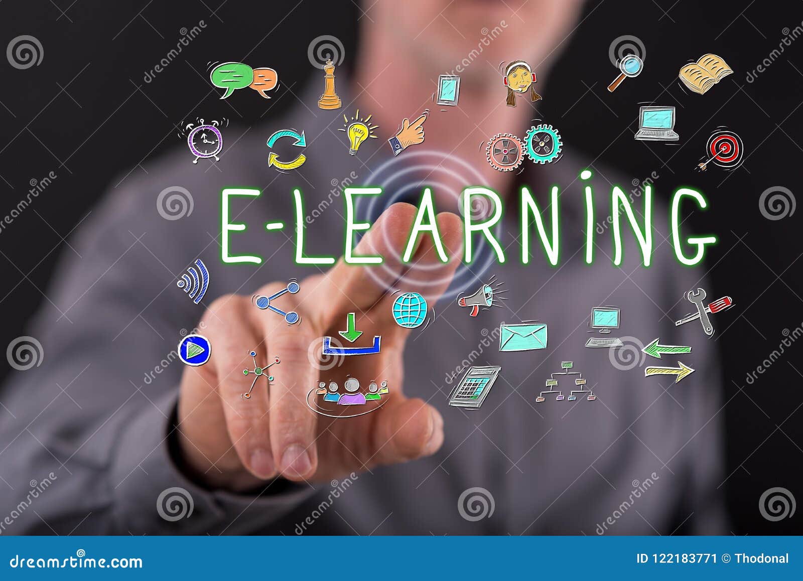 Man Touching an E-learning Concept Stock Image - Image of network ...