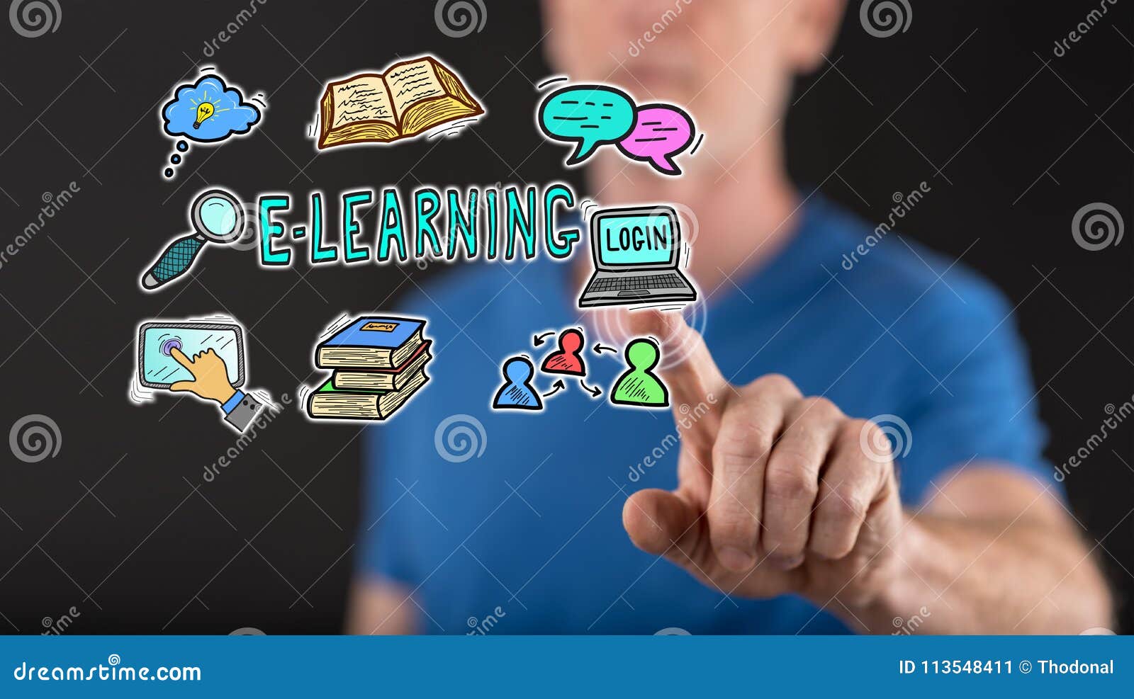 Man Touching an E-learning Concept Stock Image - Image of communication ...