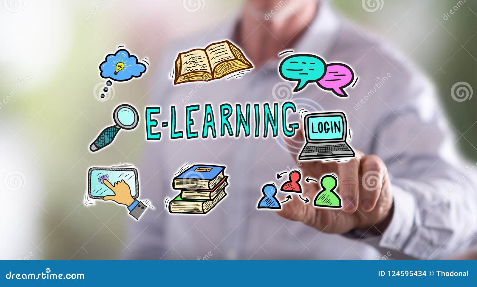 Man Touching an E-learning Concept Stock Photo - Image of distance ...