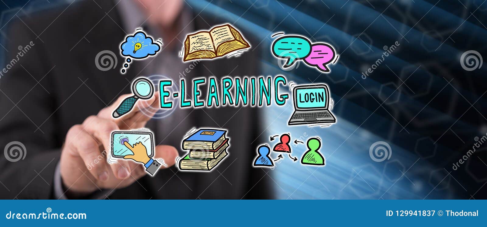 Man Touching an E-learning Concept Stock Illustration - Illustration of ...