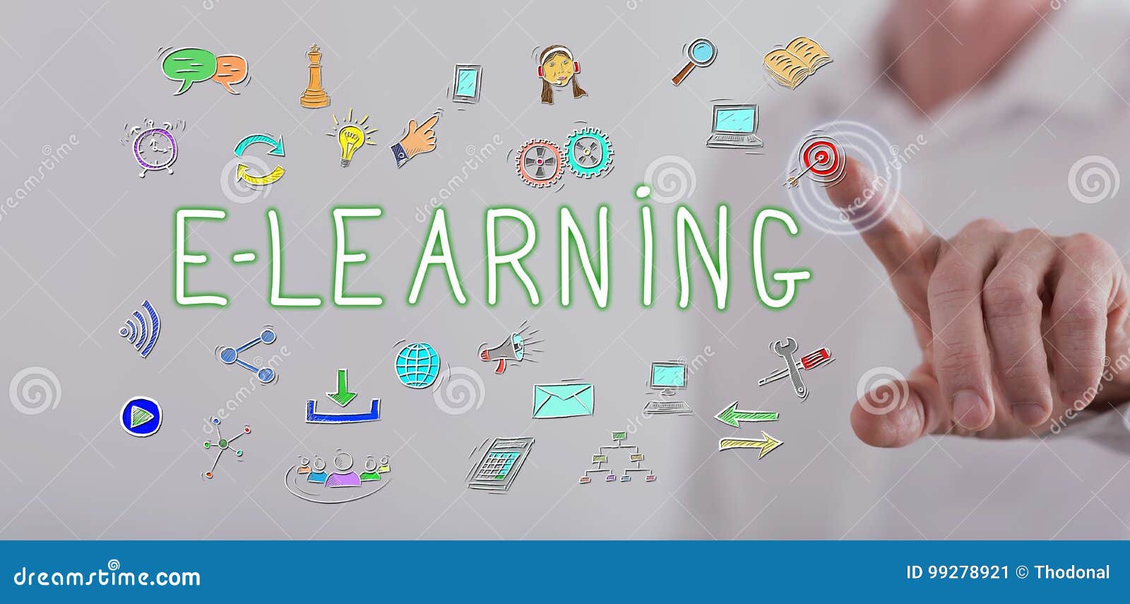 Man Touching an E-learning Concept on a Touch Screen Stock Image ...