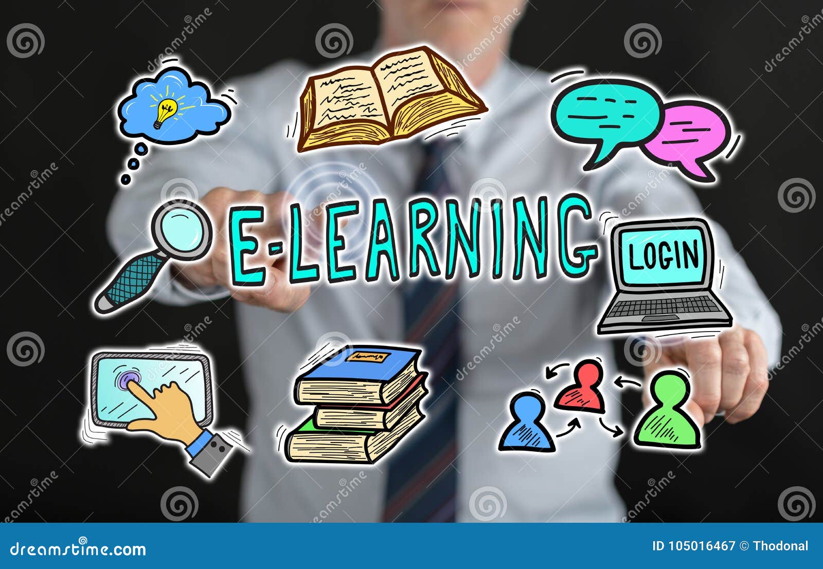 Man Touching an E-learning Concept on a Touch Screen Stock Image ...