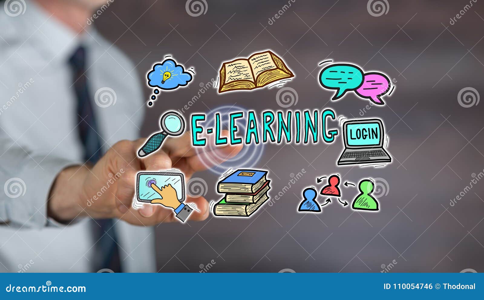 Man Touching an E-learning Concept on a Touch Screen Stock Photo ...