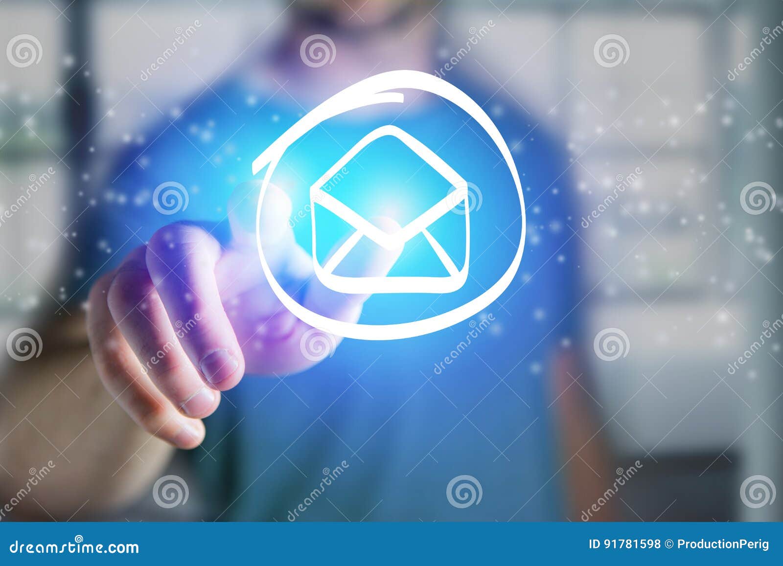Man Touching a Email Icon on a Futuristic Interface - Technology Stock ...