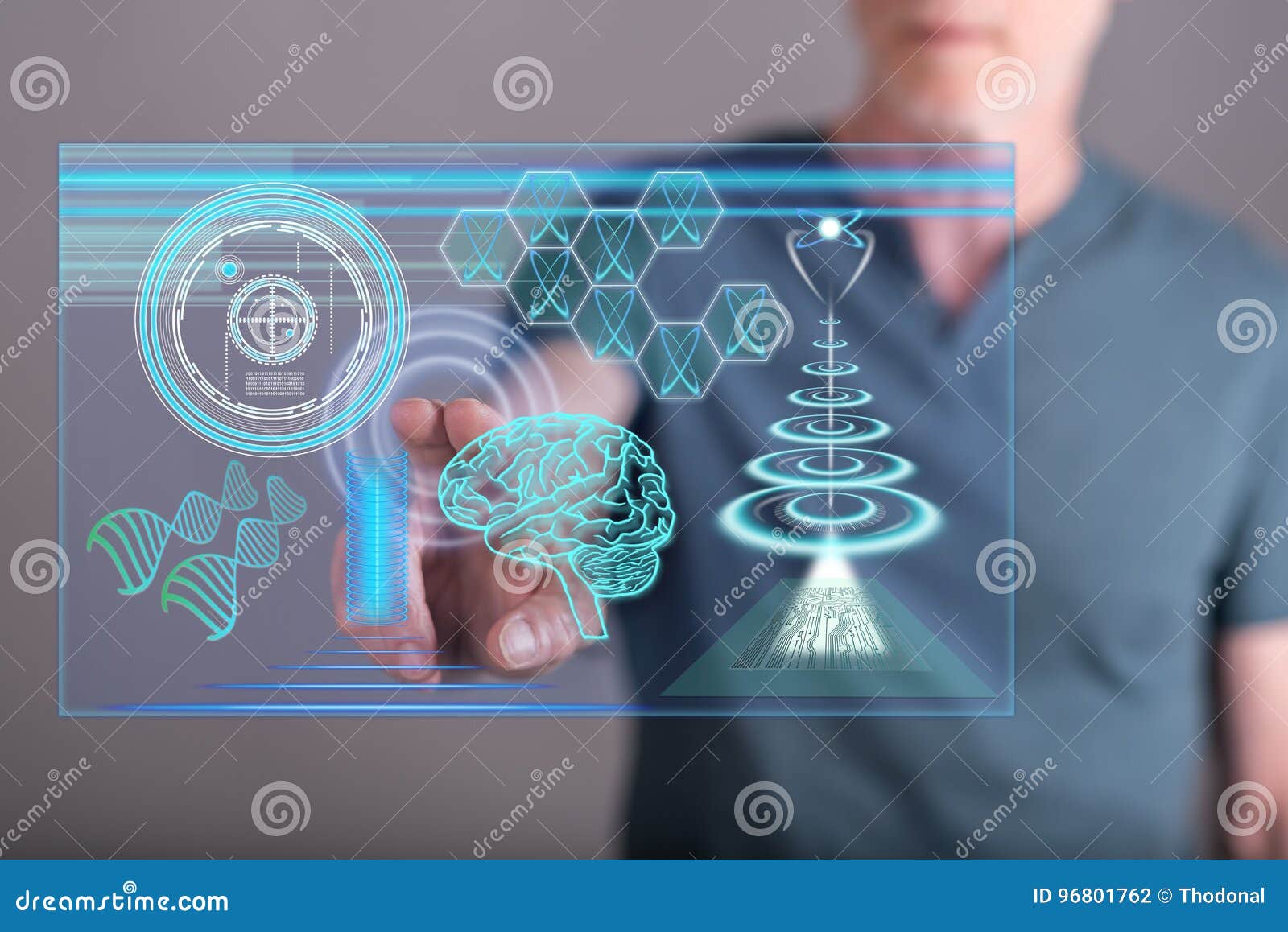 Man Touching a Futuristic Technologies Concept on a Touch Screen Stock ...