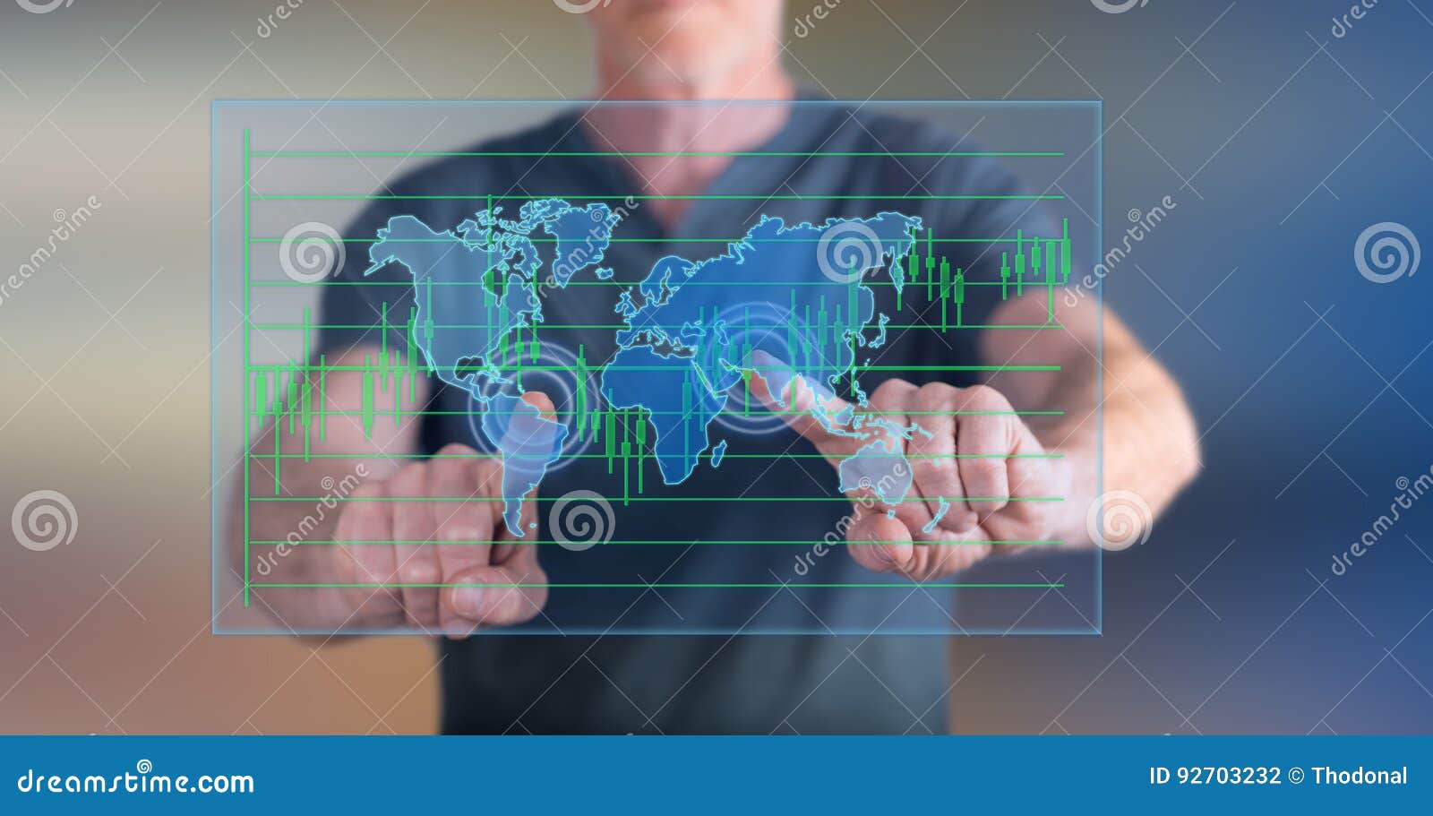 Man Touching a Global Business Concept on a Touch Screen Stock Photo ...
