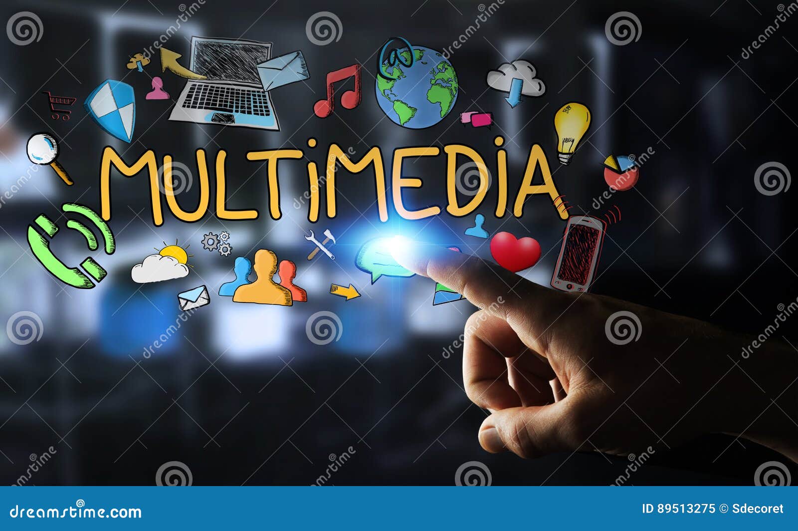 Man Touching Hand Drawn Multimedia Presentation Stock Illustration ...
